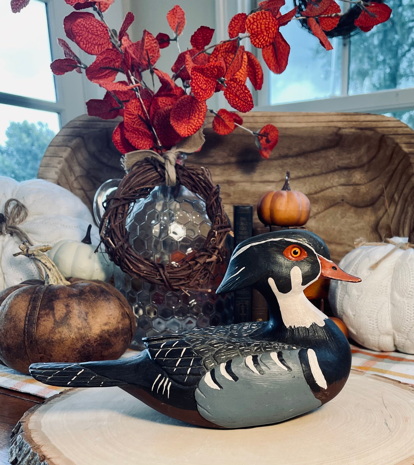 Vintage Hand Carved and Painted Wooden Water Foul Drake Female Duck De ...