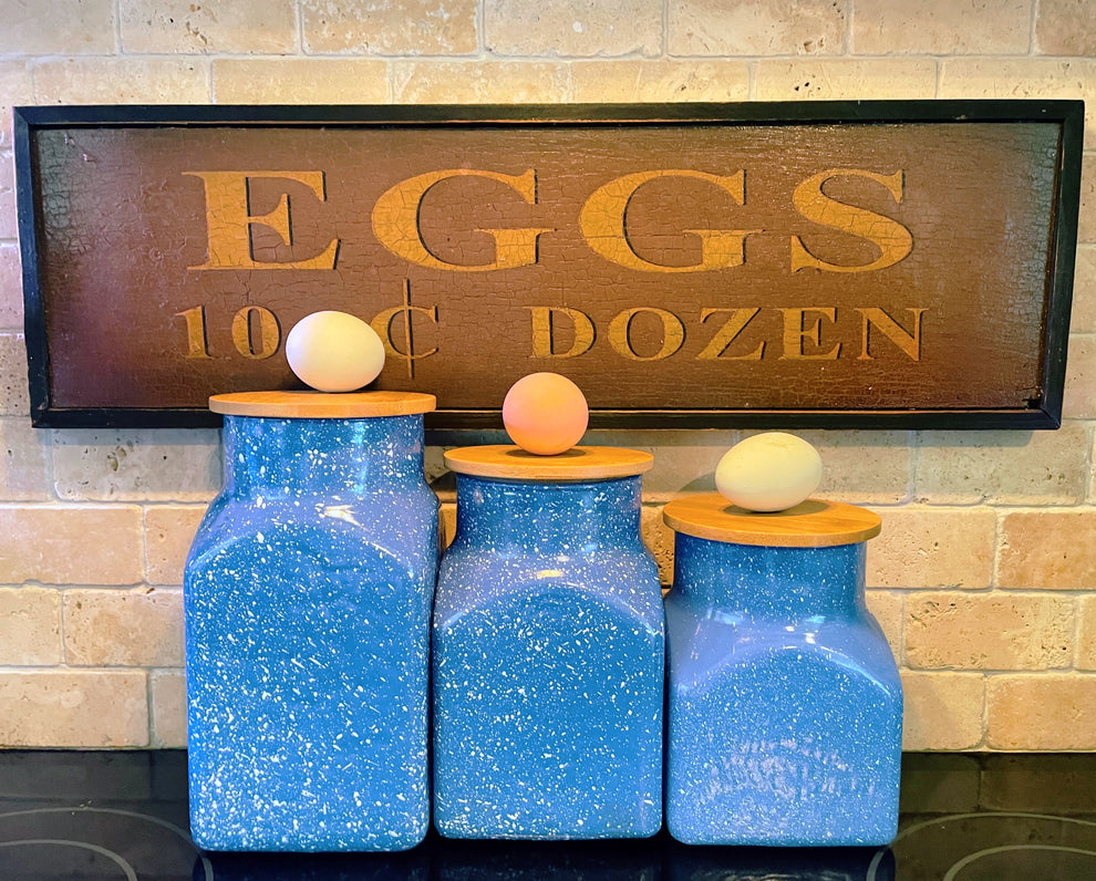 Vintage Blue Speckled Glass Kitchen Canister Set with Bamboo Lids – The ...