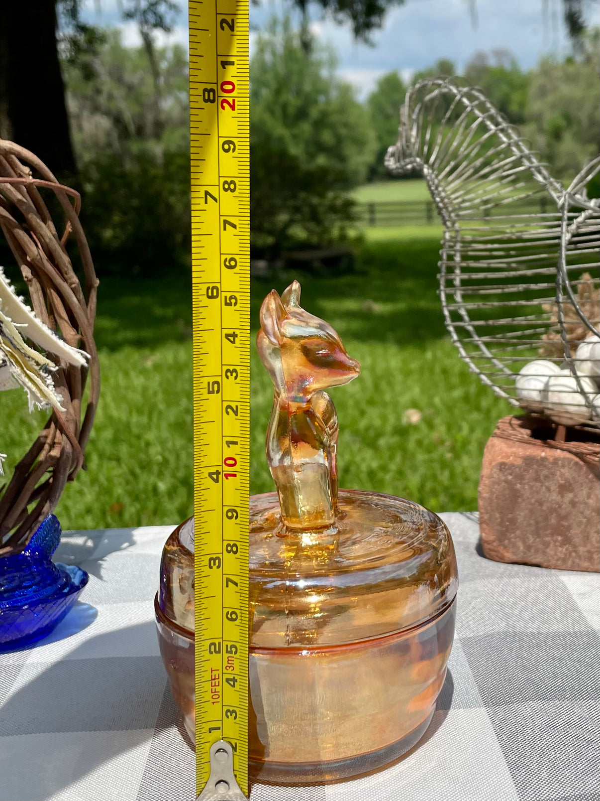 Vintage Marigold Carnival Glass Fawn/Deer Round Vanity Powder Jar – The ...